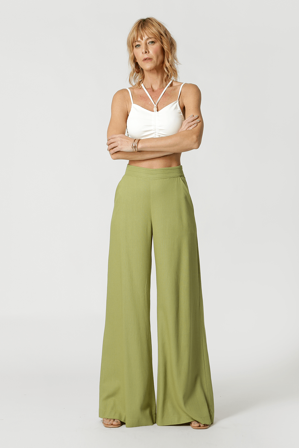 Calça Pantalona Pregas - Musgo Claro - Trimix Online