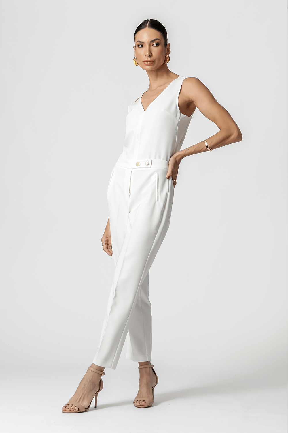 Blusa Em Alfaiataria Decote V - Off White - Trimix Online