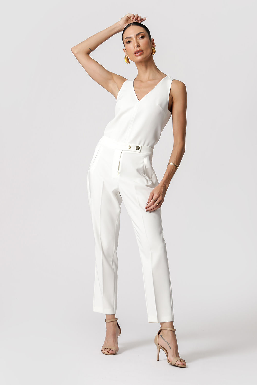 Blusa Em Alfaiataria Decote V - Off White - Trimix Online