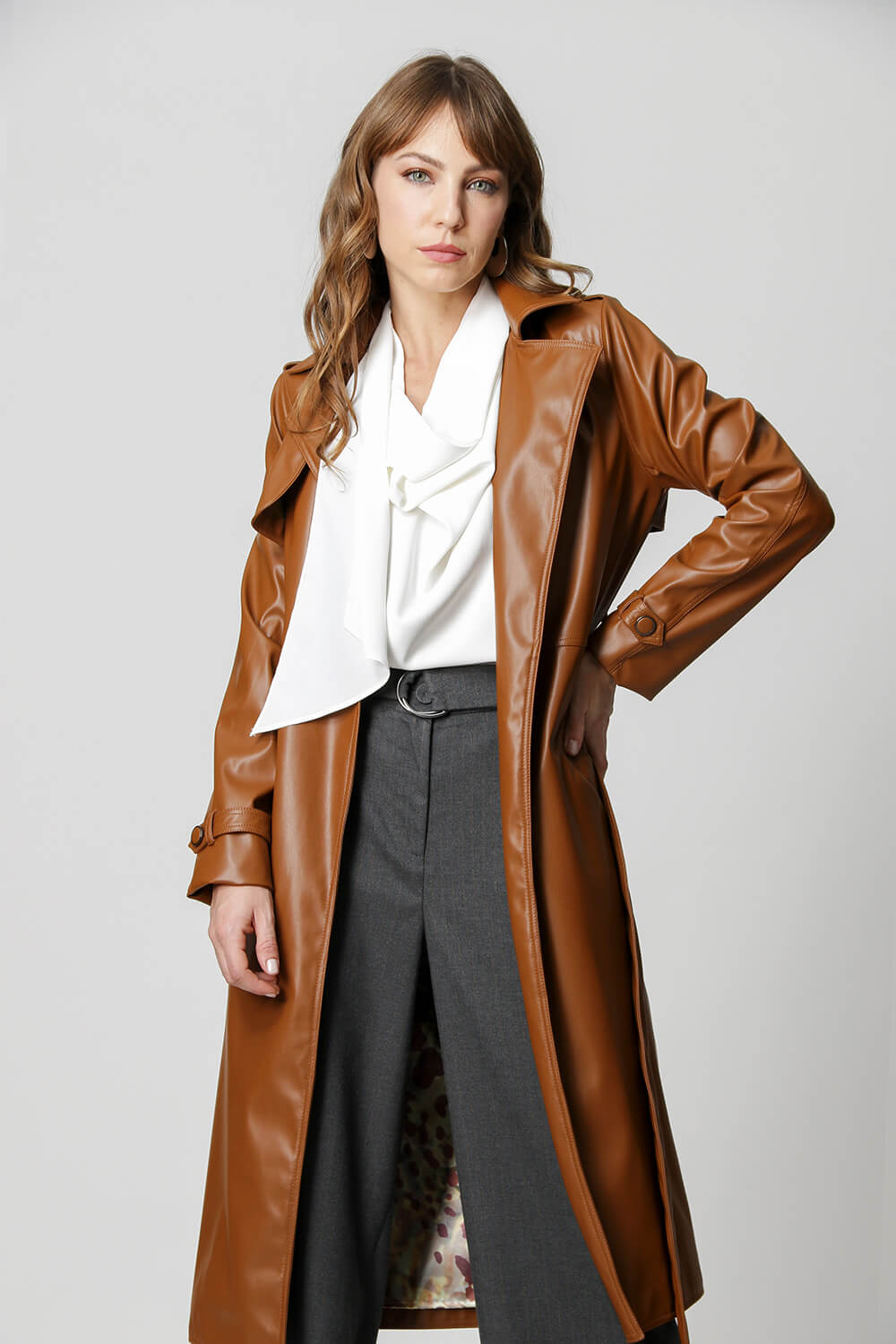 Trench Coat De Couro Sintético - Chocolate - Trimix Online
